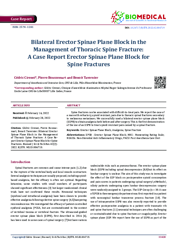 (PDF) Bilateral Erector Spinae Plane Block in the Management of Thoracic Spine Fracture: A Case ...