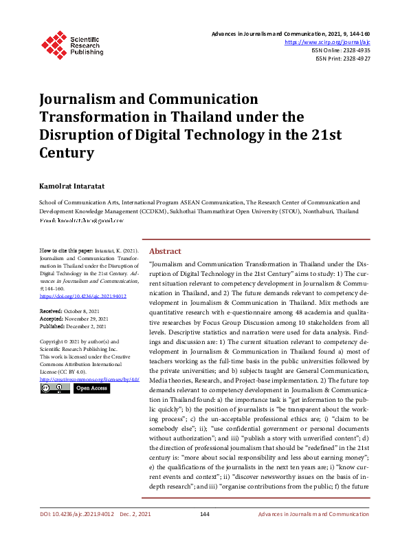 (PDF) Journalism and Communication Transformation in Thailand under the ...