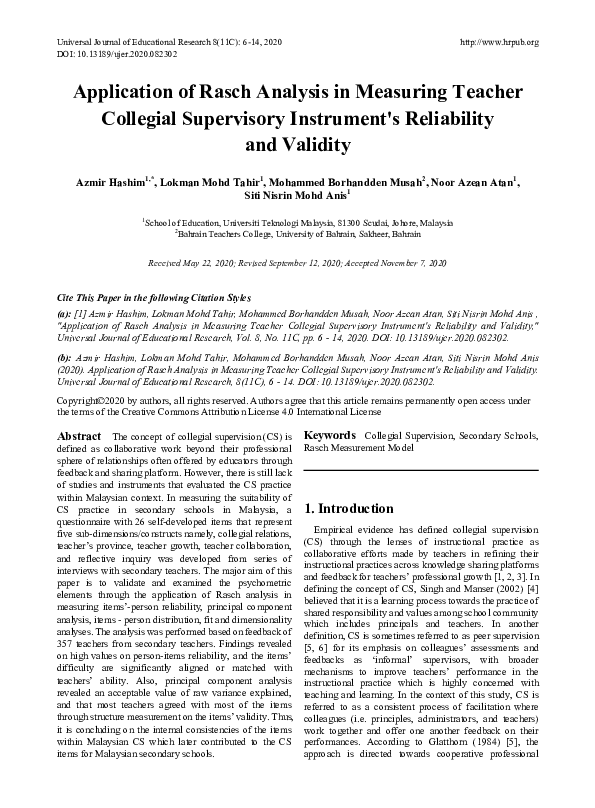(PDF) Application of Rasch Analysis in Measuring Teacher Collegial Supervisory Instrument's ...