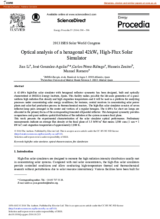 (PDF) Optical Analysis of a Hexagonal 42kWe High-flux Solar Simulator