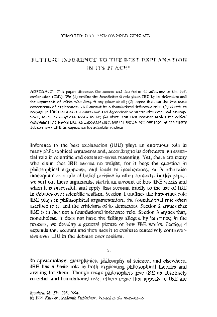 (PDF) Putting inference to the best explanation in its place