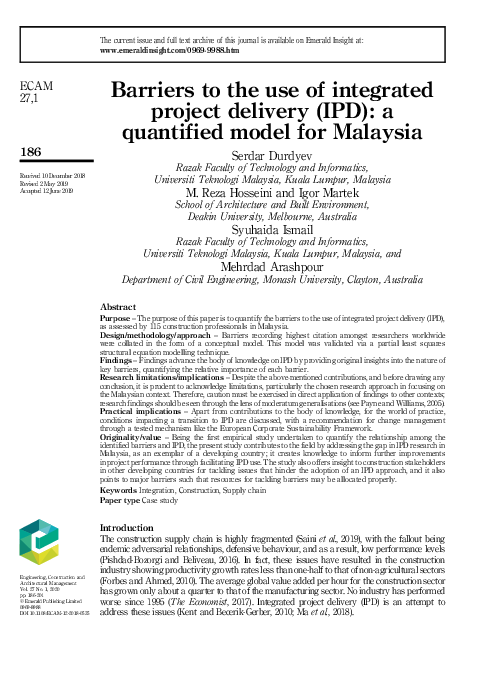 (PDF) Barriers to the use of integrated project delivery (IPD): a ...