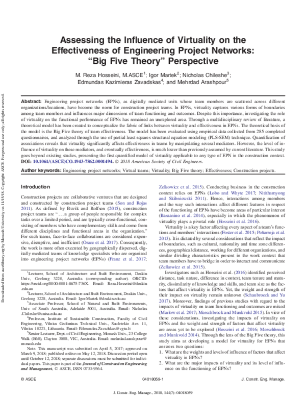 (PDF) Assessing the Influence of Virtuality on the Effectiveness of Engineering Project Networks ...
