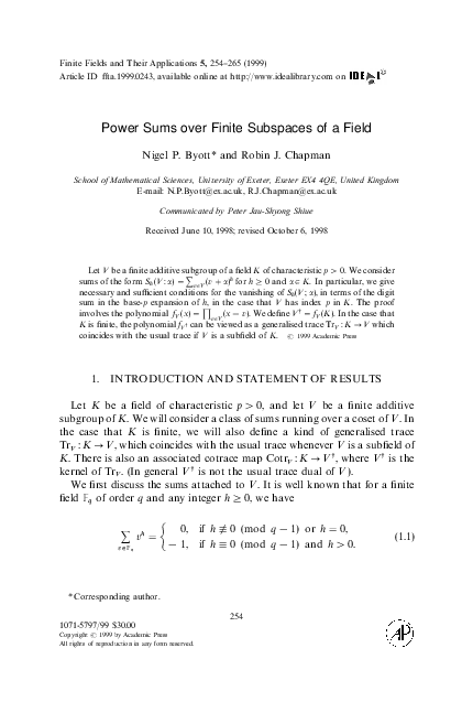 (PDF) Power Sums over Finite Subspaces of a Field