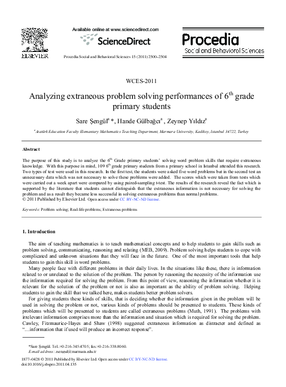 (PDF) Analyzing extraneous problem solving performances of 6th grade ...