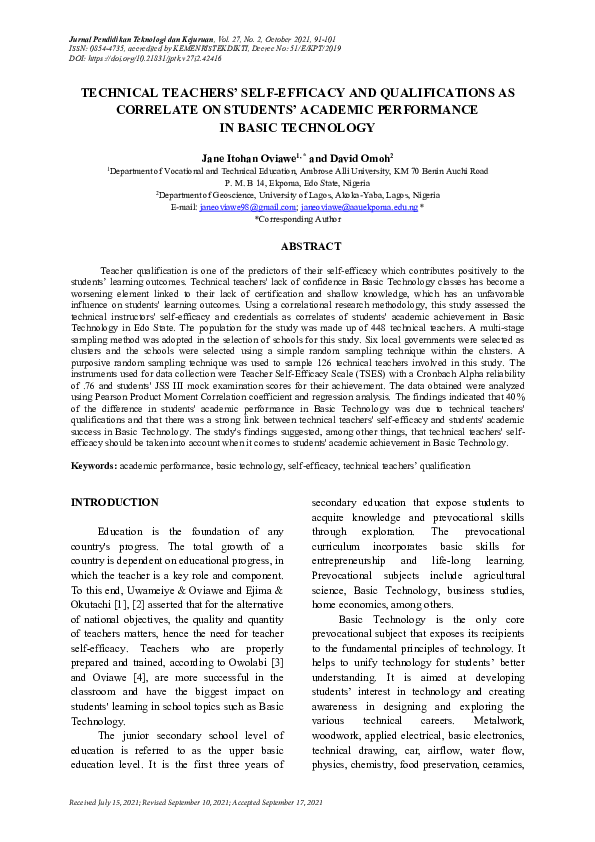 (PDF) Technical Teachers’ Self-Efficacy and Qualifications as Correlate ...