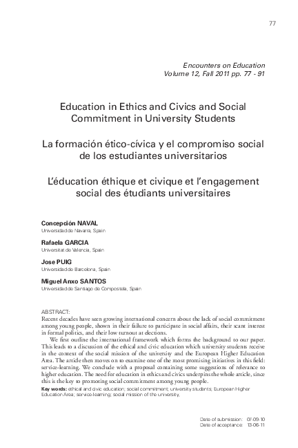 (PDF) Ethical and Civic Education and the Social Commitment of University Students