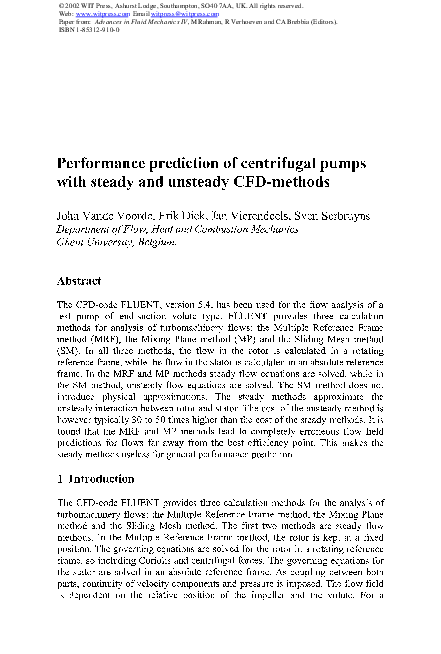 Pdf Performance And Prediction Of Centrifugal Pumps With Steady And Unsteady Cfd Methods