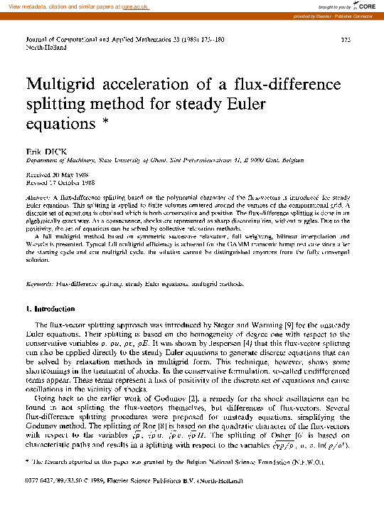Pdf Multigrid Acceleration Of A Flux Difference Splitting Method For Steady Euler Equations