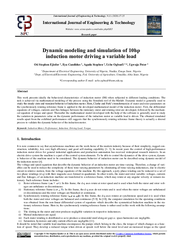 (PDF) Dynamic modeling and simulation of 10hp induction motor driving a variable load