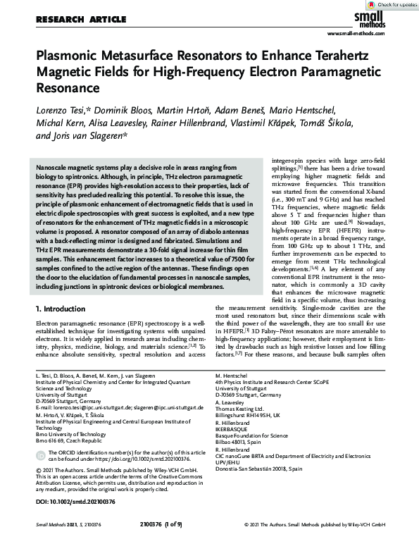 (PDF) Plasmonic Metasurface Resonators to Enhance Terahertz Magnetic Fields for High‐Frequency ...