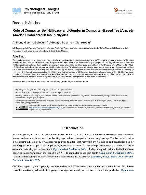 (PDF) Computer Self-Efficacy, Gender, and CBT Anxiety in Nigeria