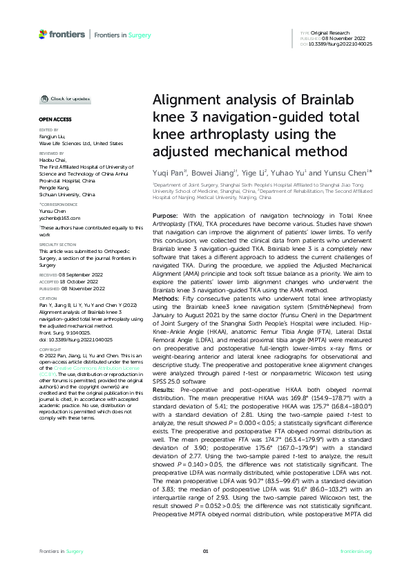 (PDF) Alignment analysis of Brainlab knee 3 navigation-guided total ...