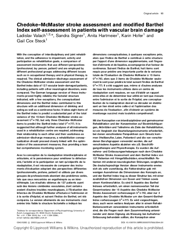 (PDF) Chedoke???McMaster stroke assessment and modified Barthel Index ...