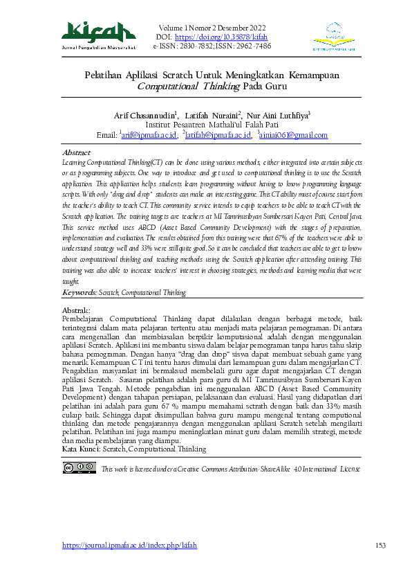 Pdf Pelatihan Aplikasi Scratch Untuk Meningkatkan Kemampuan Computational Thinking Pada Guru
