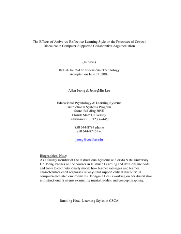 (PDF) The effects of active versus reflective learning style on the ...