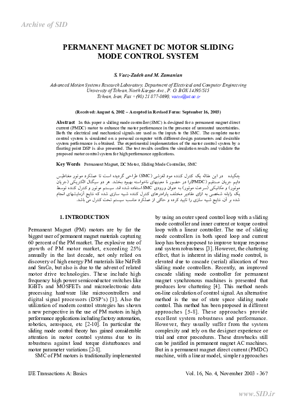 Pdf Permanent Magnet Dc Motor Sliding Mode Control System