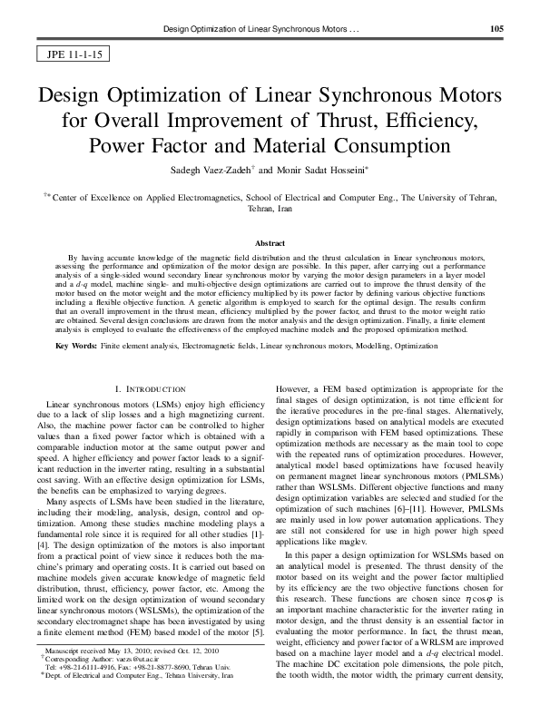 (PDF) Design Optimization of Linear Synchronous Motors for Overall Improvement of Thrust ...