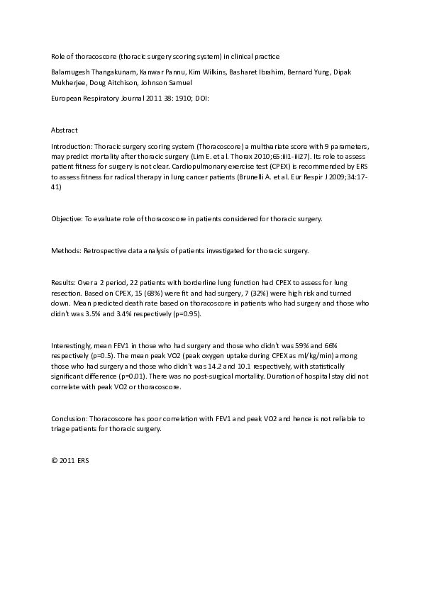 (PDF) Role of thoracoscore (thoracic surgery scoring system) in ...