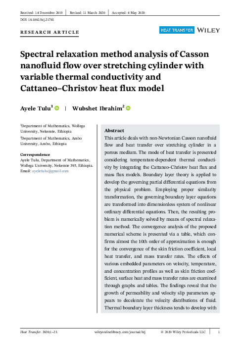 (PDF) Spectral relaxation method analysis of Casson nanofluid flow over stretching cylinder with ...