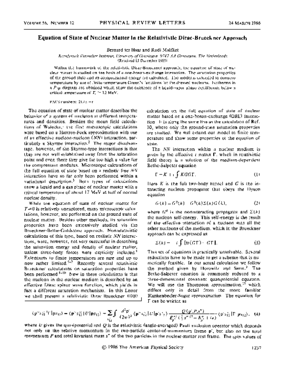 (PDF) Equation of State of Nuclear Matter in the Relativistic Dirac ...
