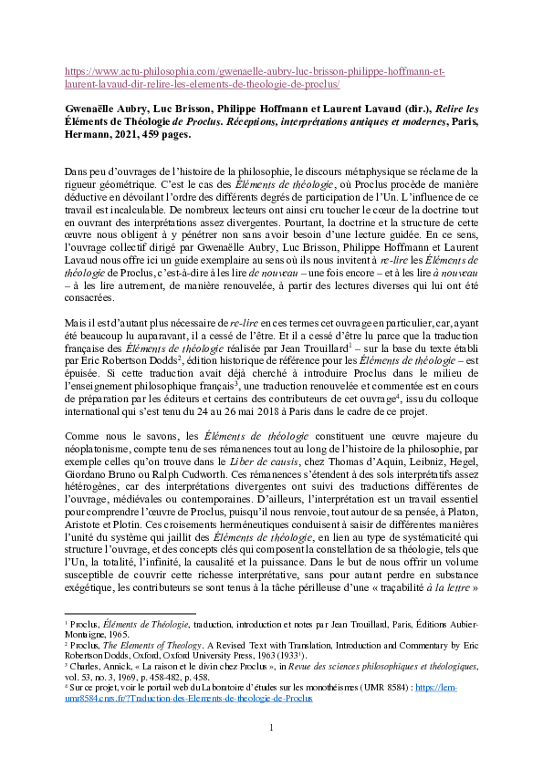 (PDF) Recension de Gwenaëlle Aubry, Luc Brisson, Philippe Hoffmann et ...