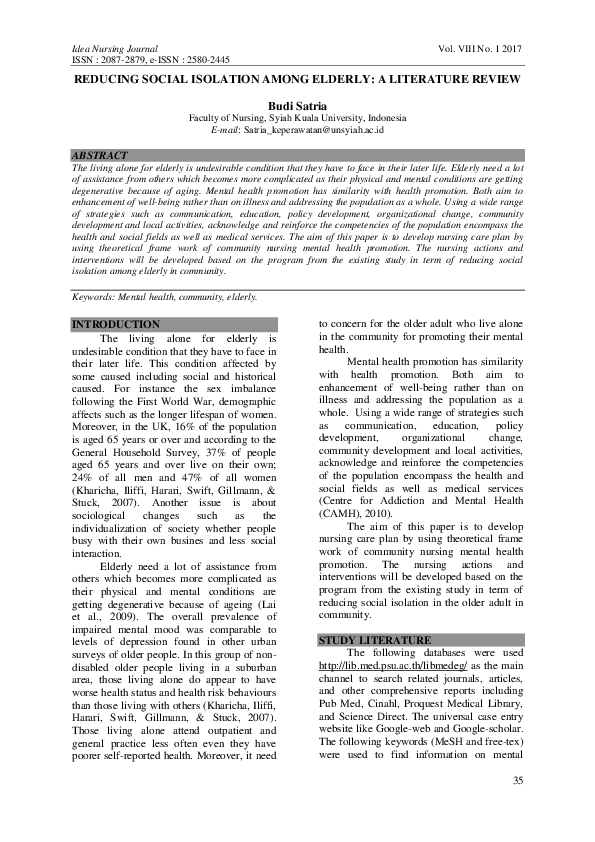 (PDF) Reducing Social Isolation Among Elderly: A Literature Review