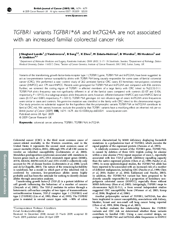 (PDF) TGFBR1 Variants and Familial Colorectal Cancer Risk