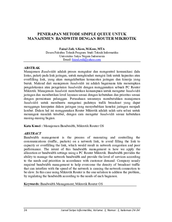 (PDF) Penerapan Metode Simple Queue Untuk Manajemen Bandwith Dengan Router Mikrotik