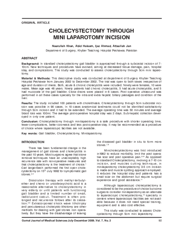 (PDF) Cholecystectomy through Mini Laparotomy Incision | Attaullah Jan ...