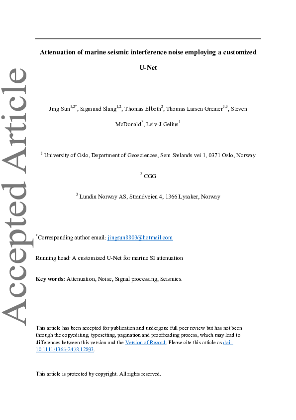 (PDF) Attenuation of marine seismic interference noise employing a customized U‐Net | Thomas ...