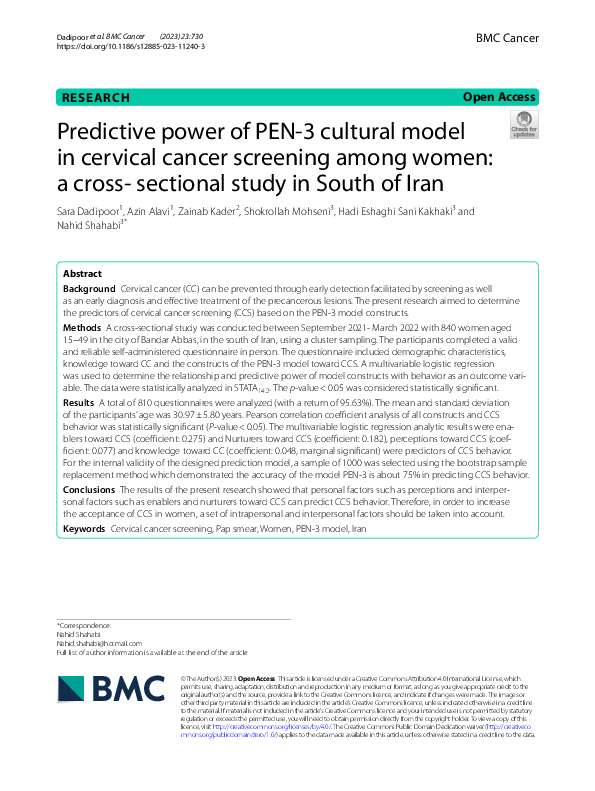 (PDF) Predictive power of PEN-3 cultural model in cervical cancer ...
