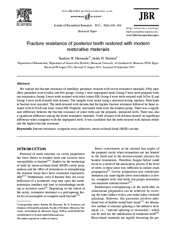 (PDF) Fracture resistance of posterior teeth restored with modern ...
