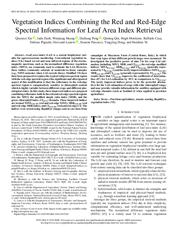 (PDF) Vegetation Indices Combining the Red and Red-Edge Spectral Information for Leaf Area Index ...