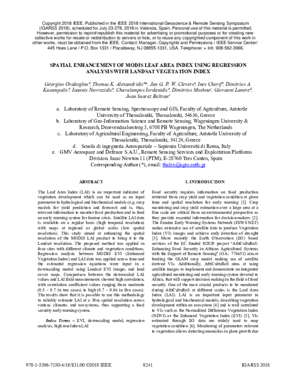 Pdf Spatial Enhancement Of Modis Leaf Area Index Using Regression Analysis With Landsat