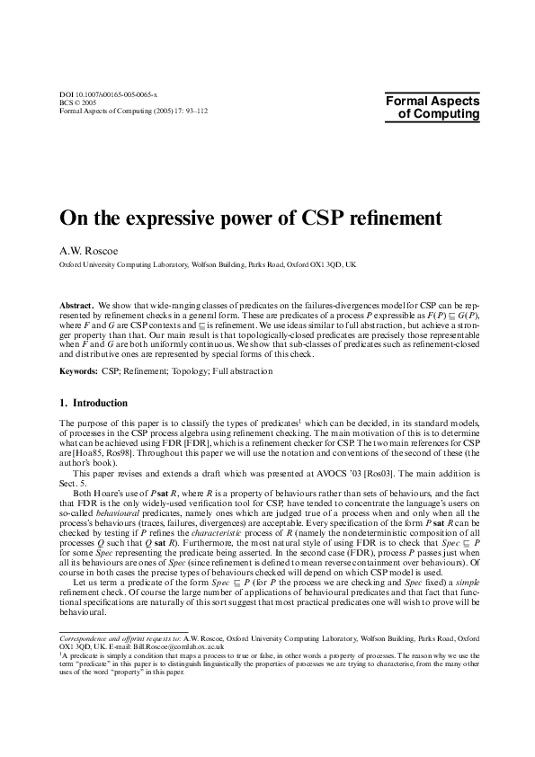 Pdf On The Expressive Power Of Csp Refinement 2738