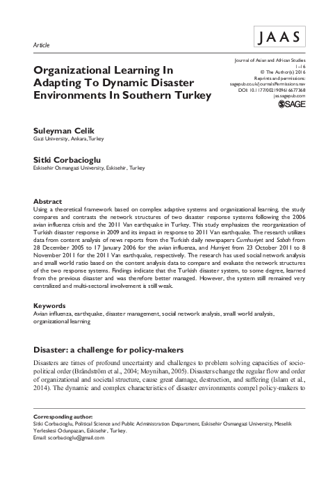 (PDF) Organizational Learning In Adapting To Dynamic Disaster Environments In Southern Turkey