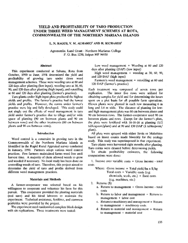 (PDF) Yield and Profitability of Taro Production Under Three Weed ...