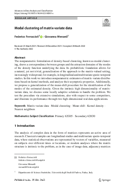 Pdf Modal Clustering Of Matrix Variate Data Giovanna Menardi
