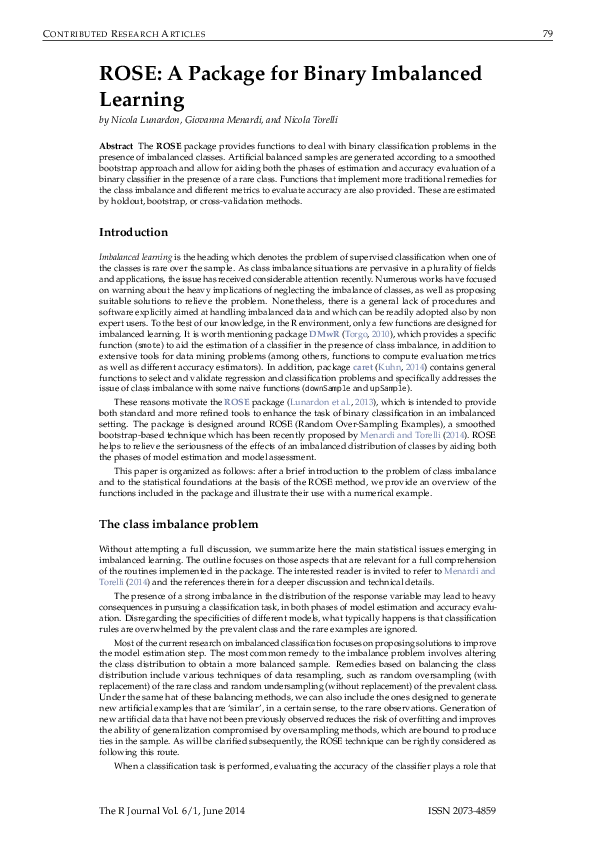 (PDF) ROSE: a Package for Binary Imbalanced Learning