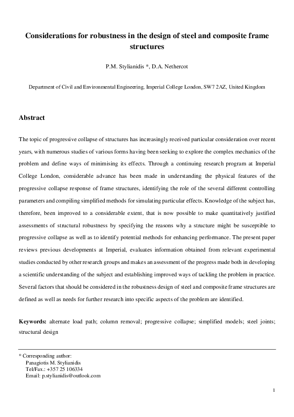 (PDF) Considerations for Robustness in the Design of Steel and Composite Frame Structures ...