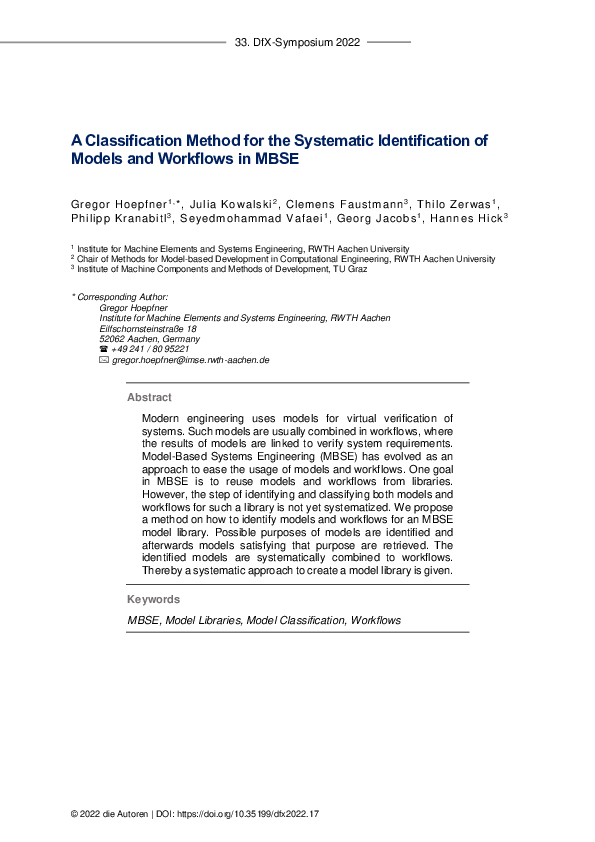 (PDF) A Classification Method for the Systematic Identification of Models and Workflows in MBSE