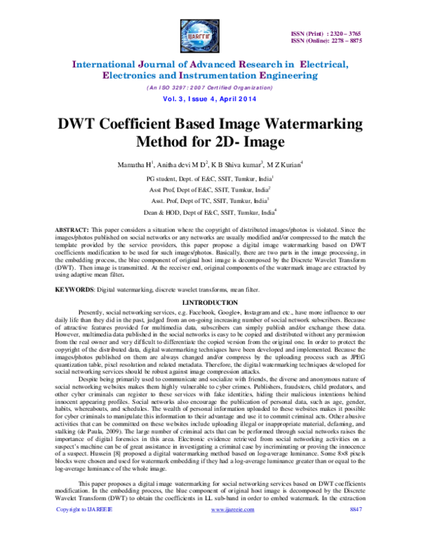 (PDF) DWT Coefficient Based Image WatermarkingMethod for 2D- Image | K B Shiva Kumar - Academia.edu