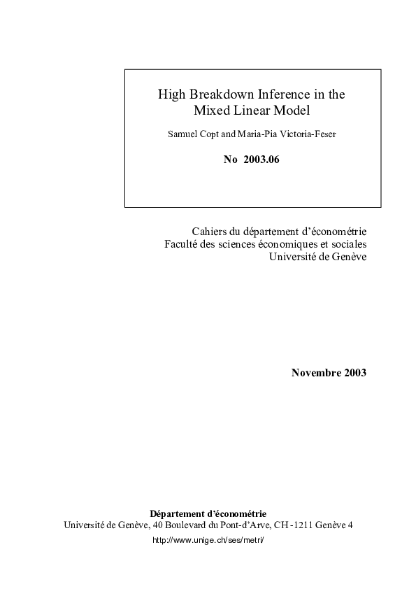 (PDF) High Breakdown Inference in the Mixed Linear Model