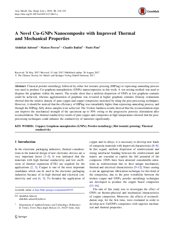 (PDF) A Novel Cu–GNPs Nanocomposite with Improved Thermal and Mechanical Properties