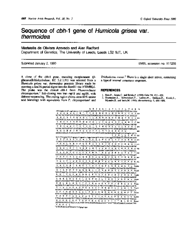 (PDF) Sequence of cbh-1 gene of Humicola grisea var. thermoidea