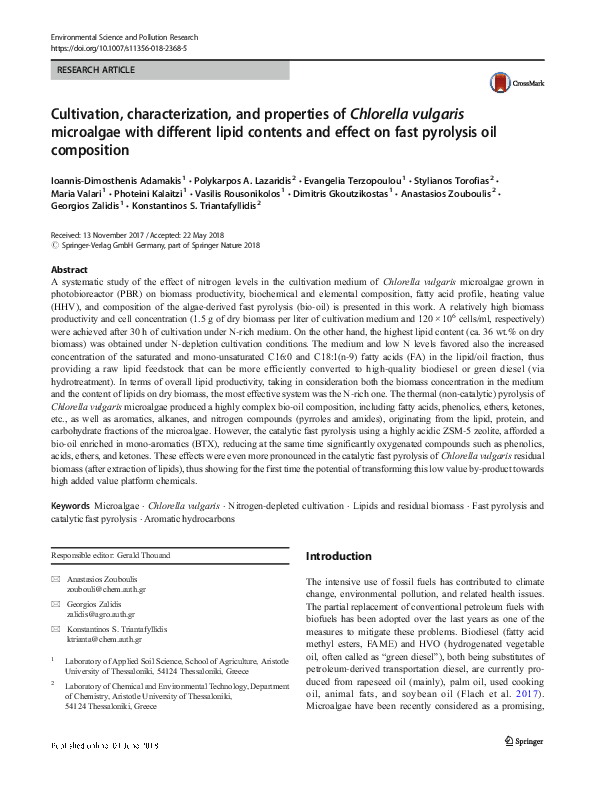 Pdf Cultivation Characterization And Properties Of Chlorella Vulgaris Microalgae With
