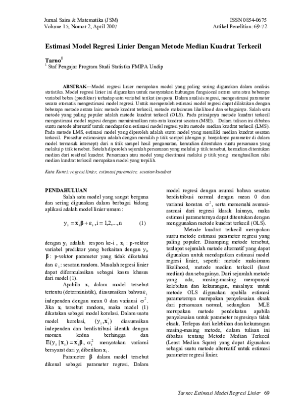 (PDF) Estimasi Model Regresi Linier Dengan Metode Median Kuadrat Terkecil