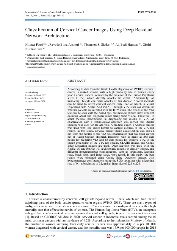 (PDF) Classification of Cervical Cancer Images Using Deep Residual Network Architecture | Ali ...