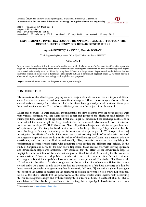 (PDF) Experimental Investigation of the Approach Angle Effects on the Discharge Efficiency for ...